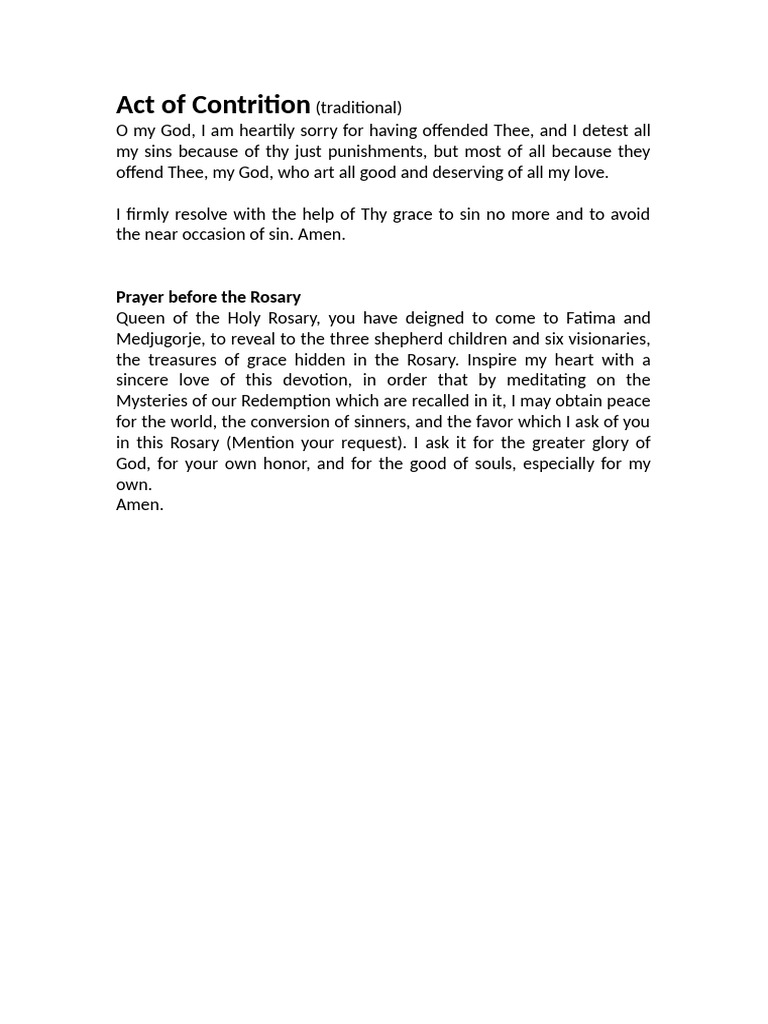 Traditional Act of Contrition Prayer | PDF