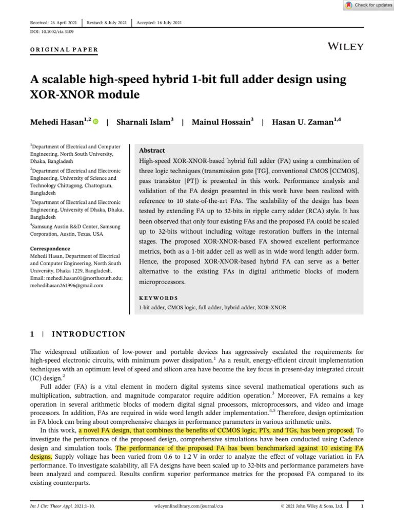 High-Speed Hybrid 1-Bit Full Adder Design | PDF | Electronic Design ...