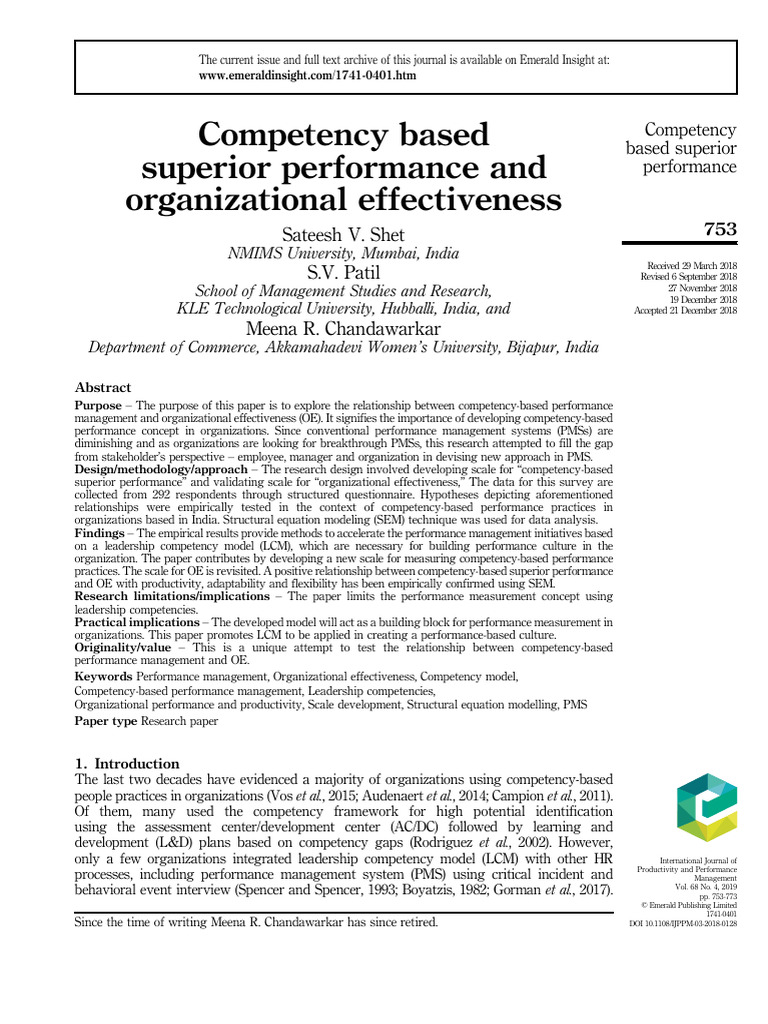 Competency based superior performance and organizational effectiveness ...