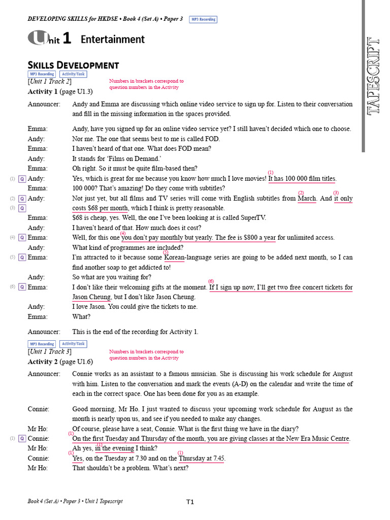 4A U1 练习 听力原文 | PDF