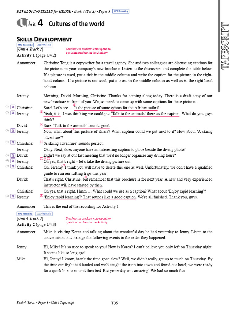 4A U4 练习 听力原文 | PDF