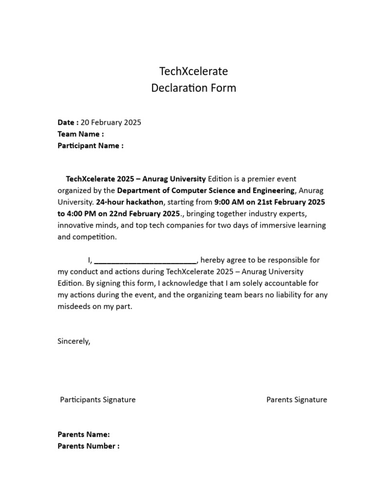 TechXcelerate 2025 Declaration Form | PDF