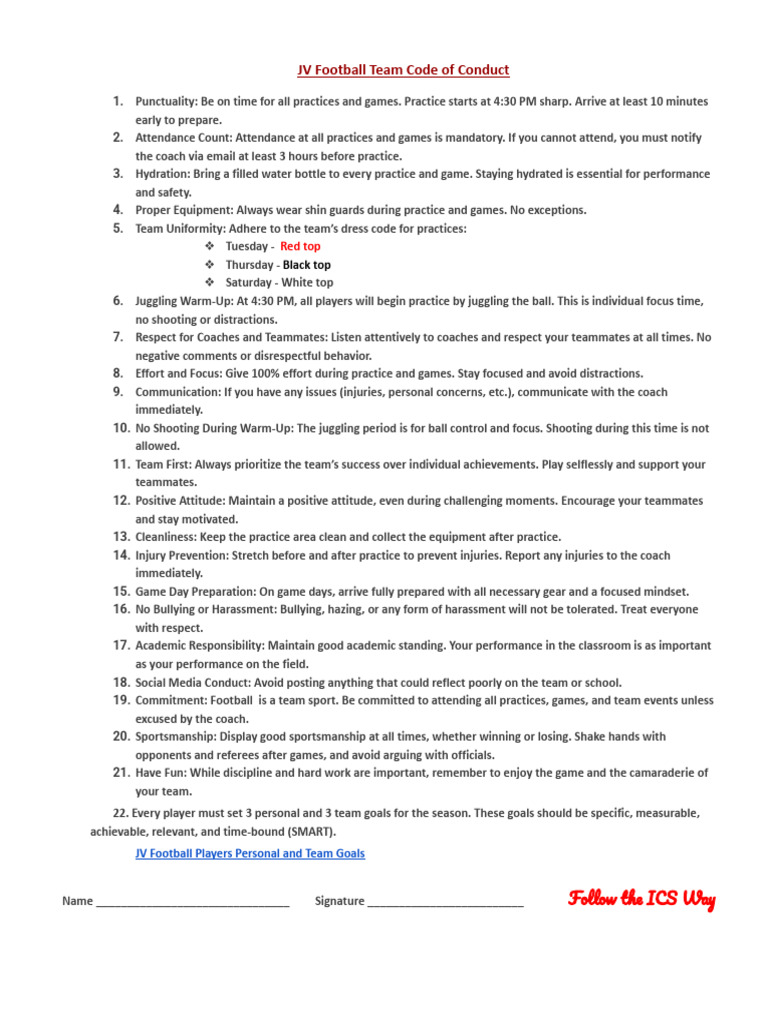 JV Football Team Code of Conduct | PDF | Social Psychology
