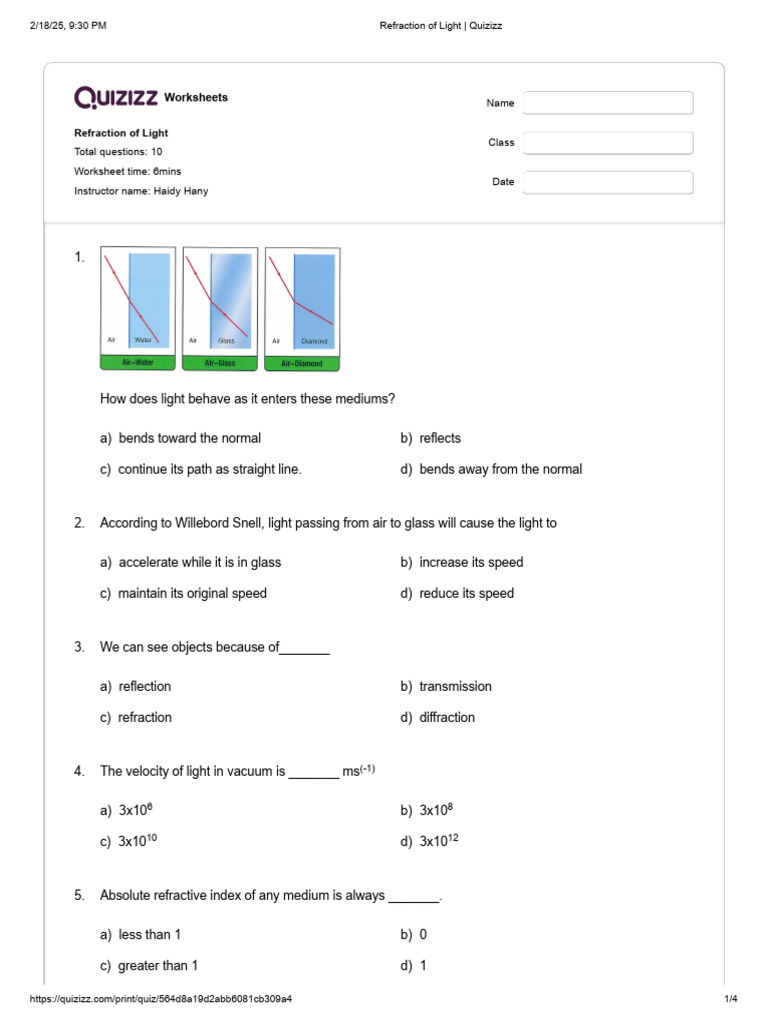 Refraction of Light Worksheet Quiz | PDF | Refraction | Dispersion (Optics)