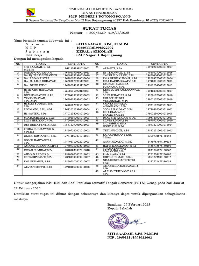 Surat Tugas Membuat Kisi-Kisi & Soal Psts | PDF