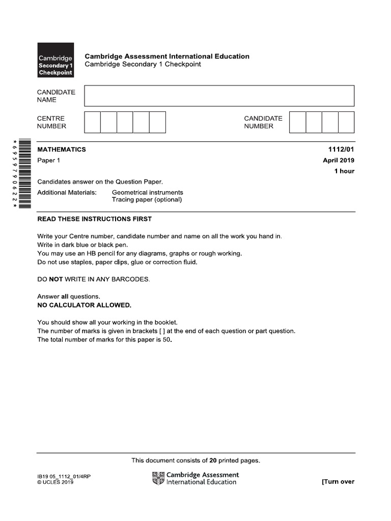Cambridge Secondary Checkpoint - Mathematics (1112) April 2019 Paper 1 ...