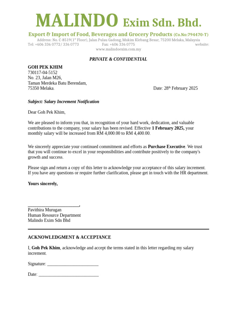 Mesb - Increment Notice (Alice Goh) | PDF