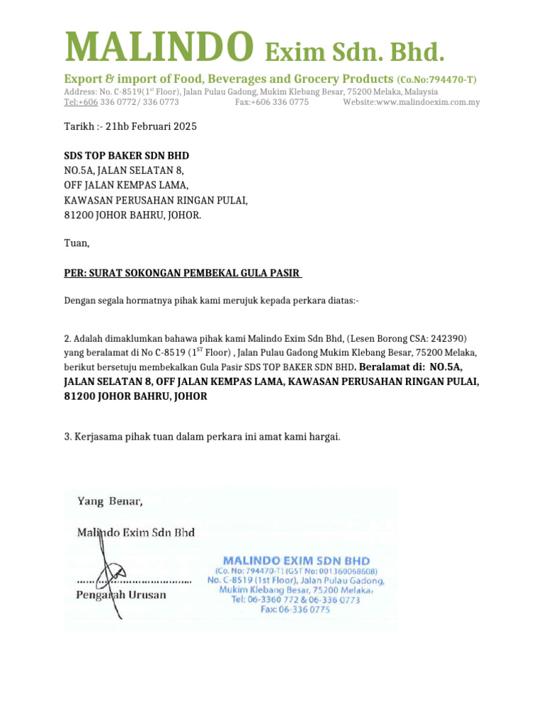 Surat Sokongan - SDS Top Baker SDN BHD | PDF
