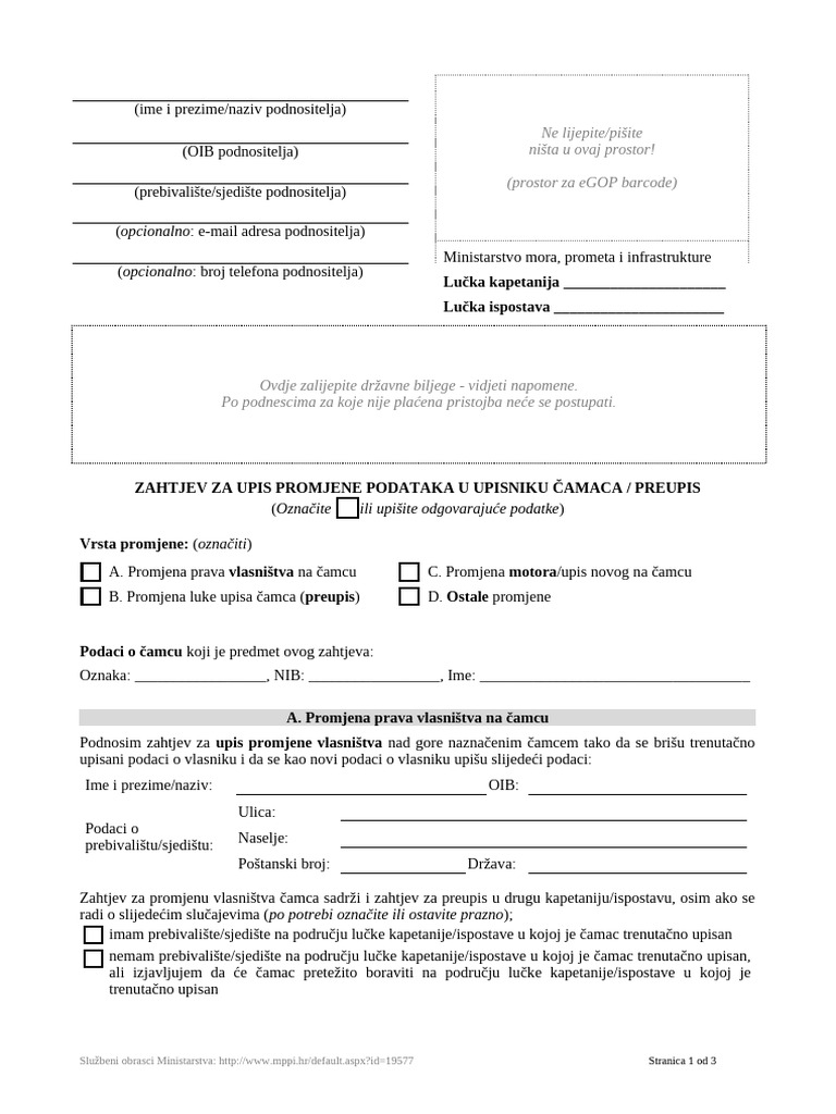 Zahtjev Za Promjenu Vlasnistva, Motora, Preupis, Ostalo - Camci 08-17 ...