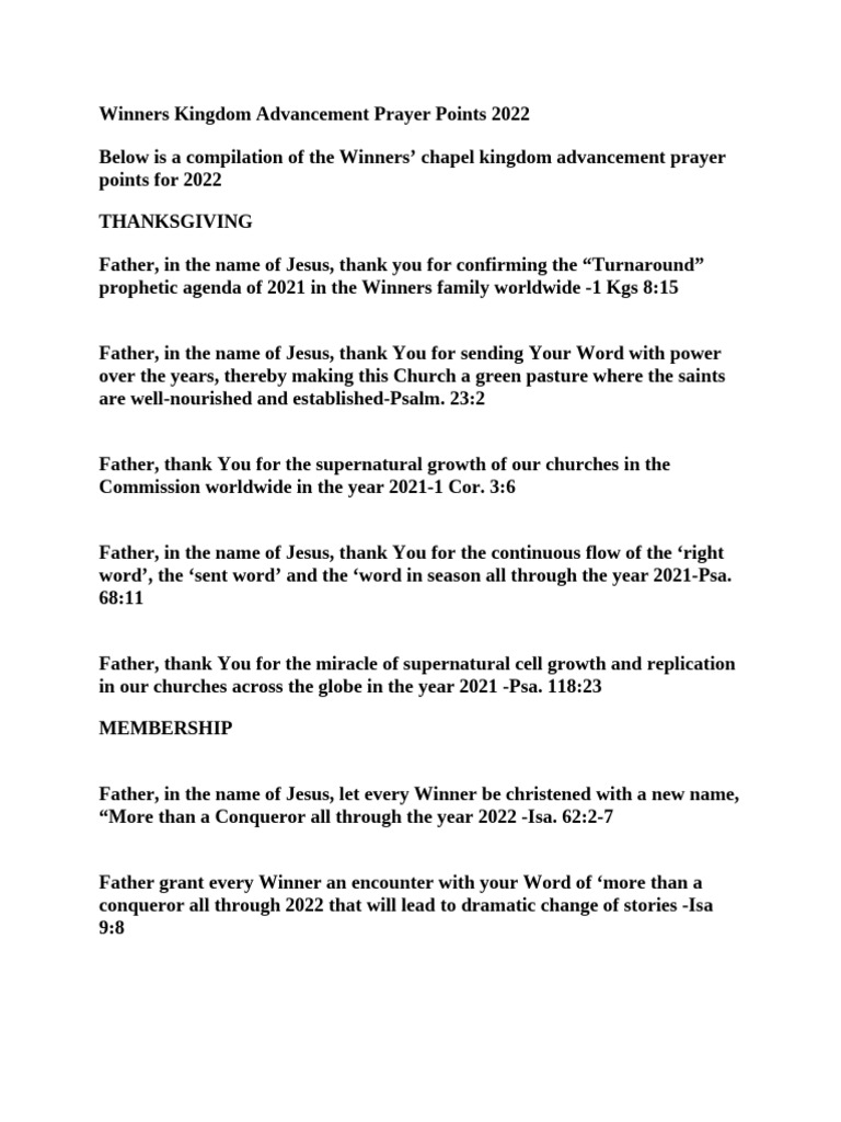 Winners Kingdom Advancement Prayer Points 2022 | PDF | Religious Belief ...