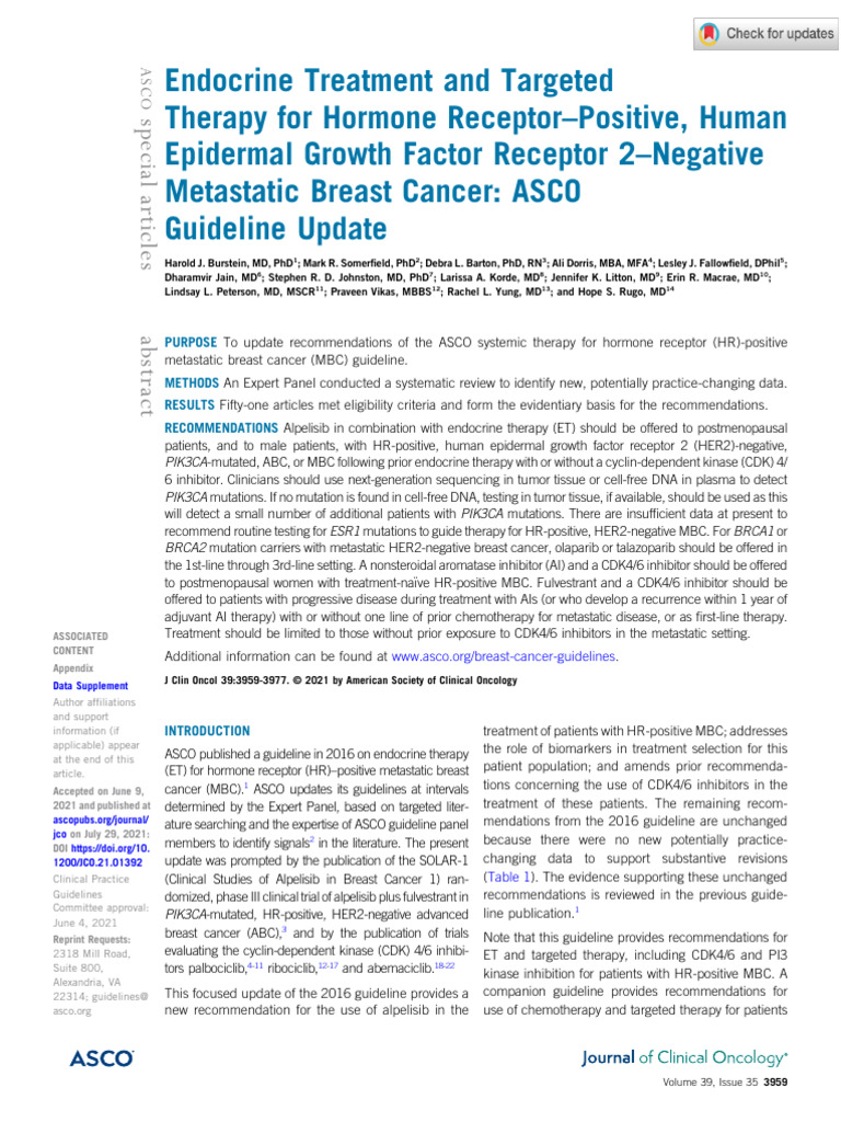Burstein Et Al 2021 Endocrine Treatment and Targeted Therapy For Hormone Receptor Positive Human ...