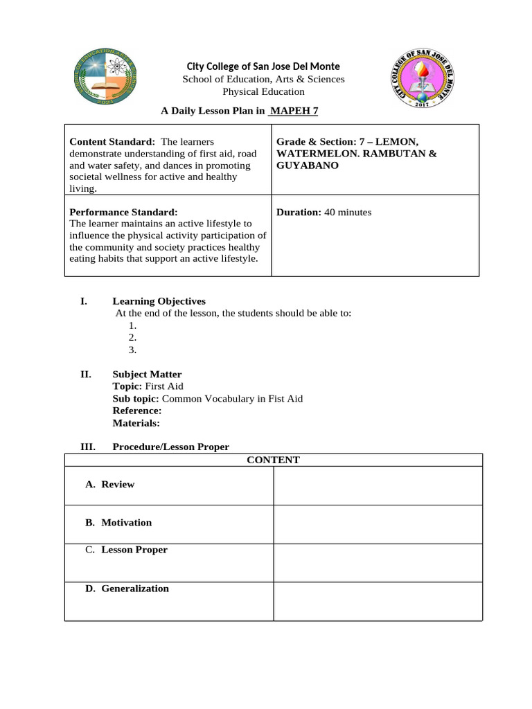 MAPEH 7 Daily Lesson Plan: First Aid | PDF