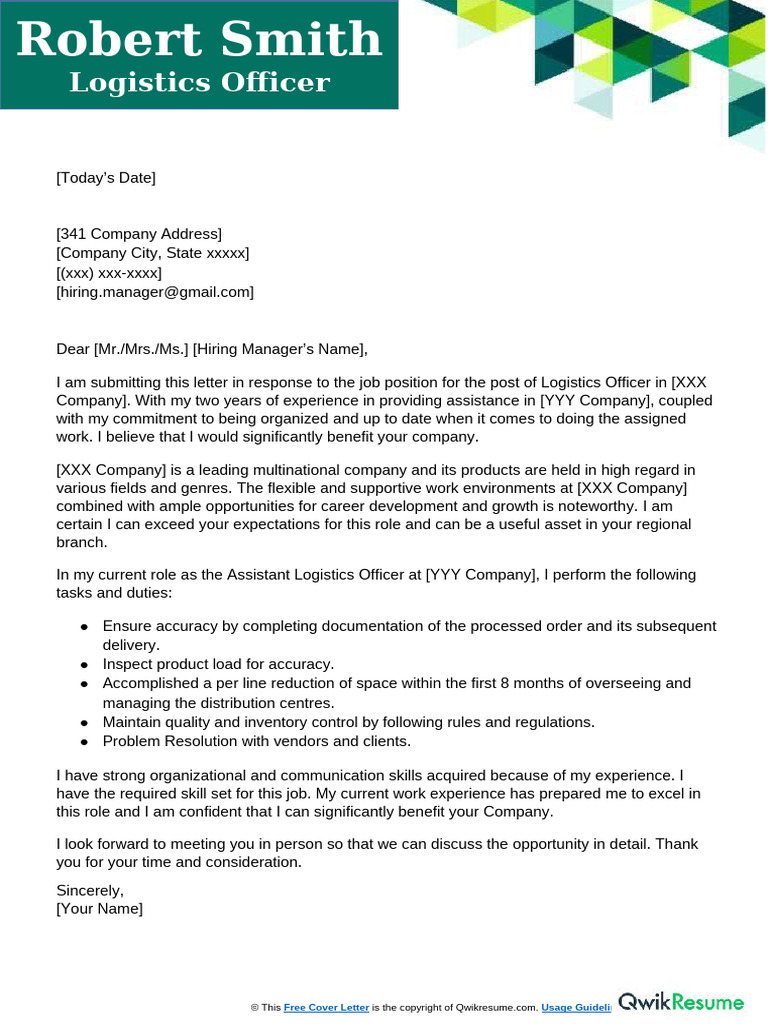 Logistics Officer Cover Letter Sample | PDF