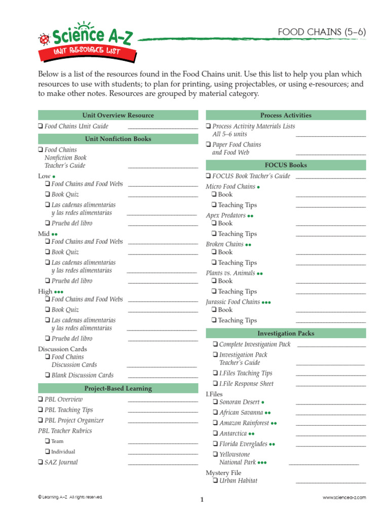 Food Chains Unit Resource List | PDF | Ecology | Systems Ecology