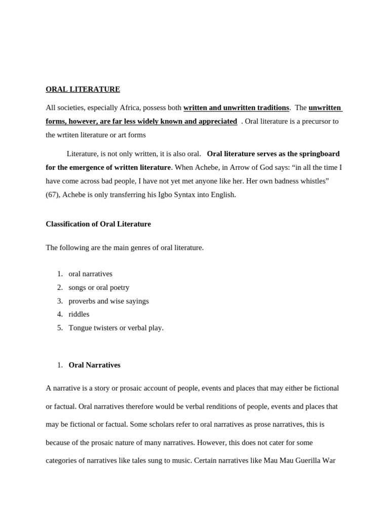 Understanding Oral Literature Genres | PDF | Narrative | Oral Literature