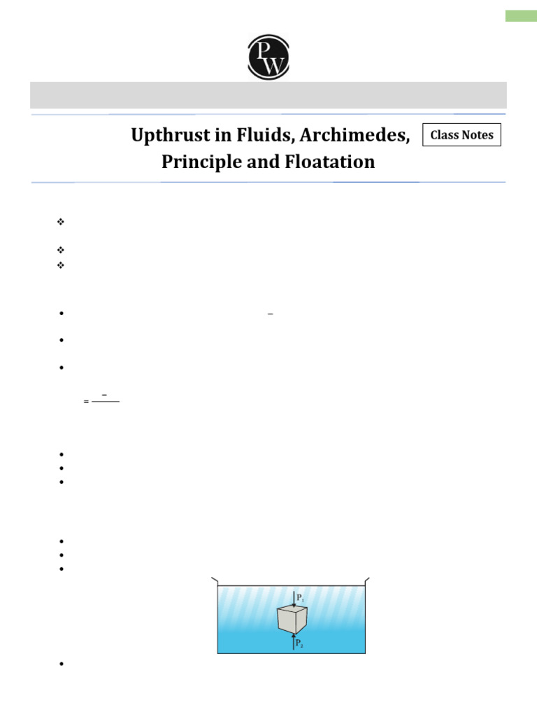Class Notes 04 Upthrust in Fluids, Archimedes, Principle and Floatation ...