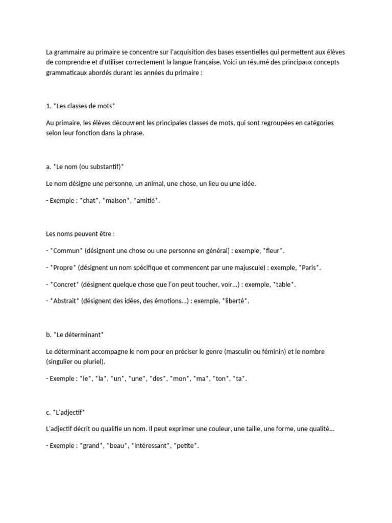 La Grammaire Au Primaire | PDF | Nom (grammaire) | Phrase