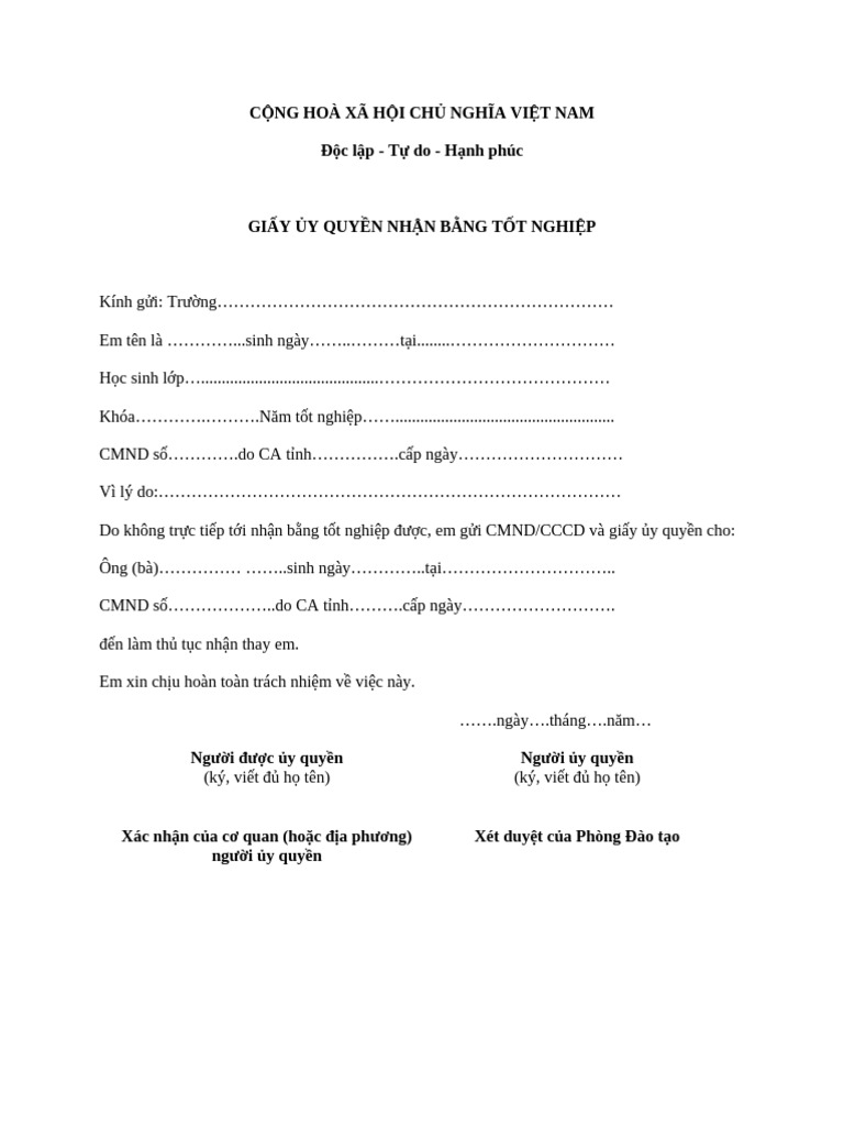 Giay Uy Quyen Nhan Bang Tot Nghiep THPT | PDF