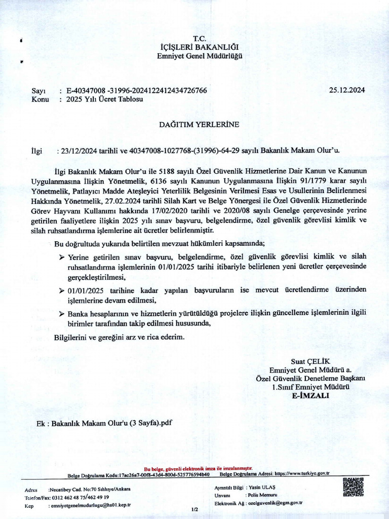Icisleri Bakanligi Egm 2025 Yili Ucret Tablosu | PDF