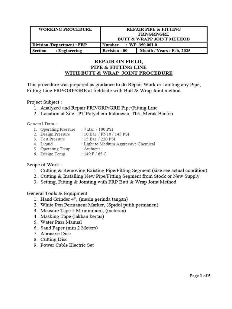 FRP Repair Pipe Fitting on Site Procedure | PDF | Fibre Reinforced ...