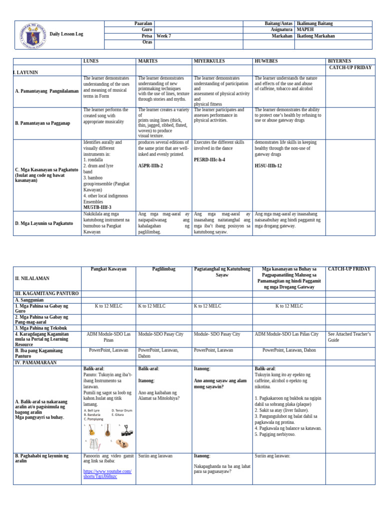 DLL Week 7-Q3 Mapeh 5 | PDF