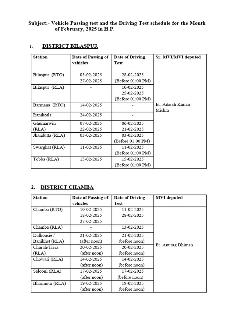 Himachal Pradesh Driving Test Schedule 2025 | PDF