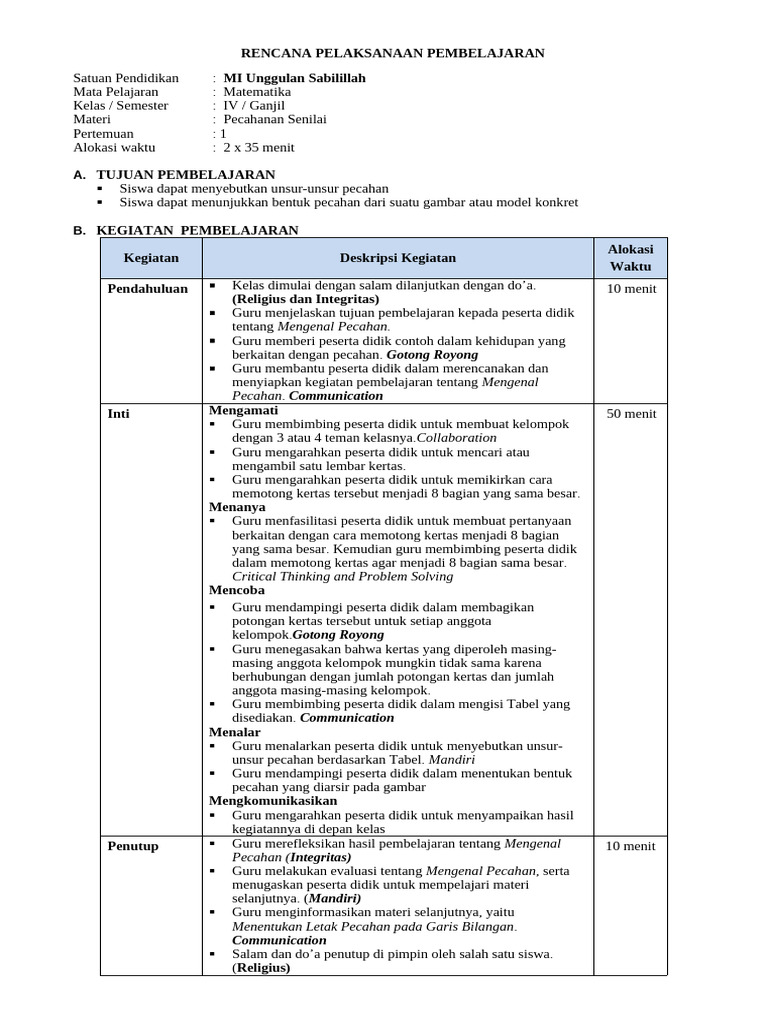 1. RPP 1 lembar MTK Kelas 4 Pecahanan Senilai | PDF