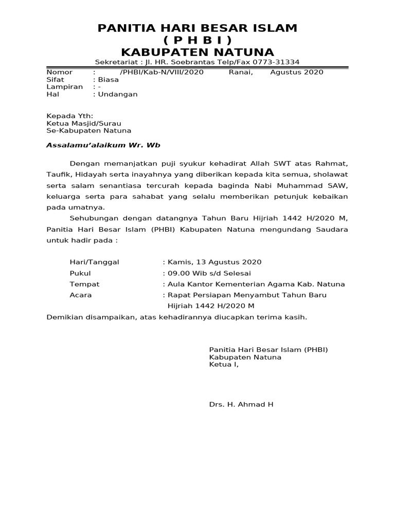 Undangan Rapat PHBI Natuna 2020 | PDF