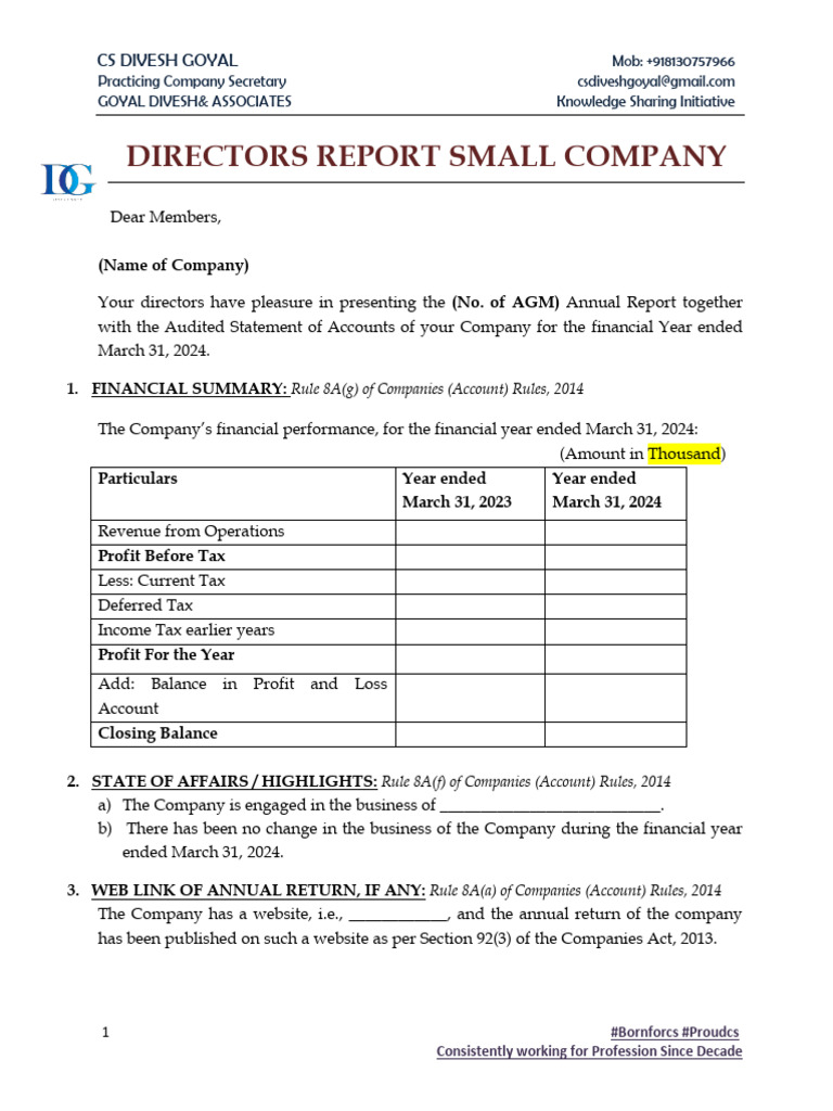 1.director Report For OPC and Small Company FY23-24 | PDF | Audit ...