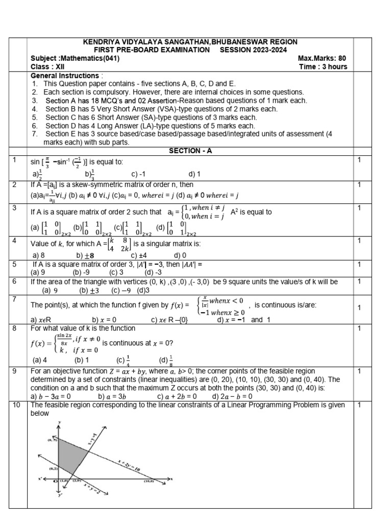 Xii Maths 1ST PB 2023-24 | PDF | Linear Programming | Theoretical Computer Science