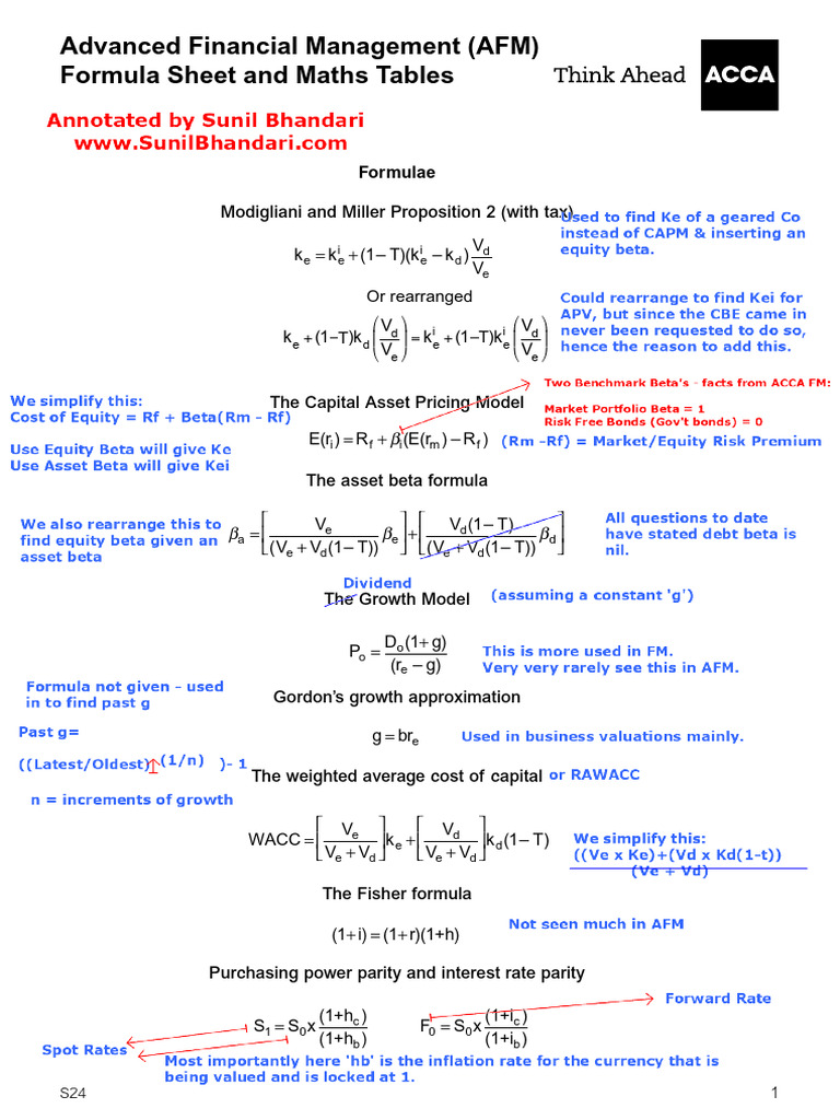 ACCA AFM Formulae From Sep 24 Inc Sunil S Annotations 1739193511 | PDF | Present Value | Cost Of ...