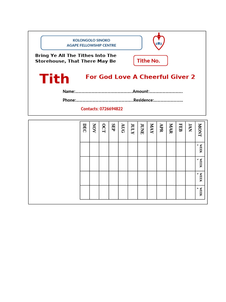 Agape Fellowship Tithe Record Form | PDF