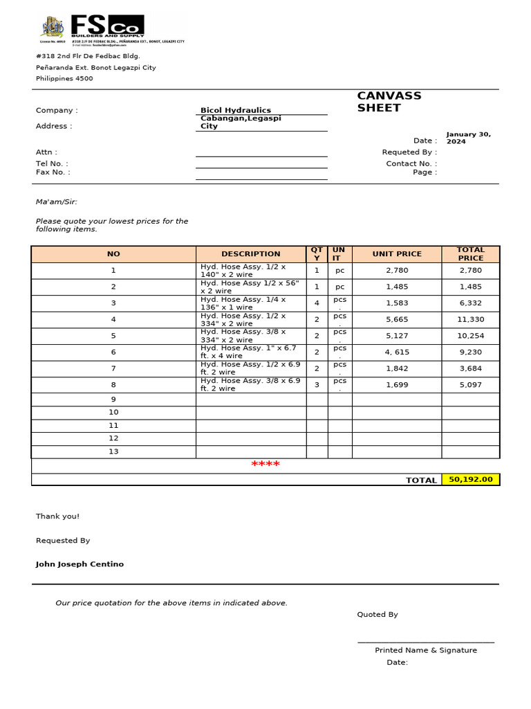 Bicol Hydraulics Price Quotation Sheet | PDF