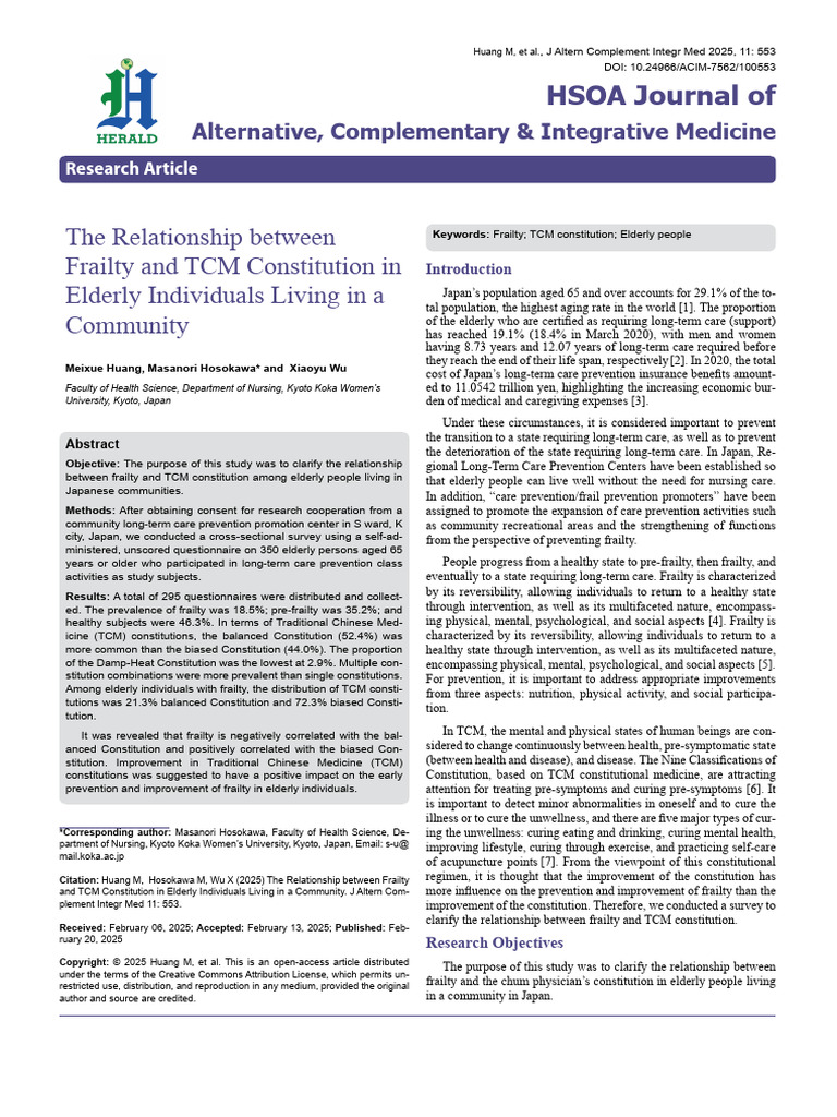 The Relationship Between Frailty and TCM Constitution in Elderly ...