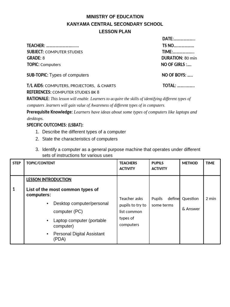 Grade 8 Computer Studies Lesson Plan | PDF | Input/Output | Personal ...