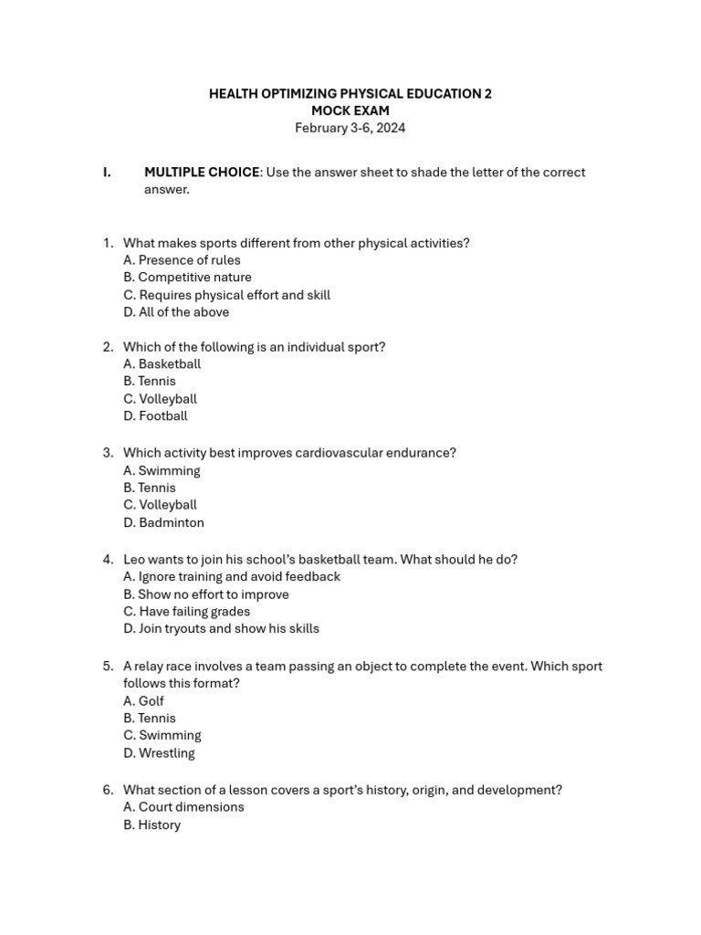 Health Optimizing PE Mock Exam 2024 | PDF