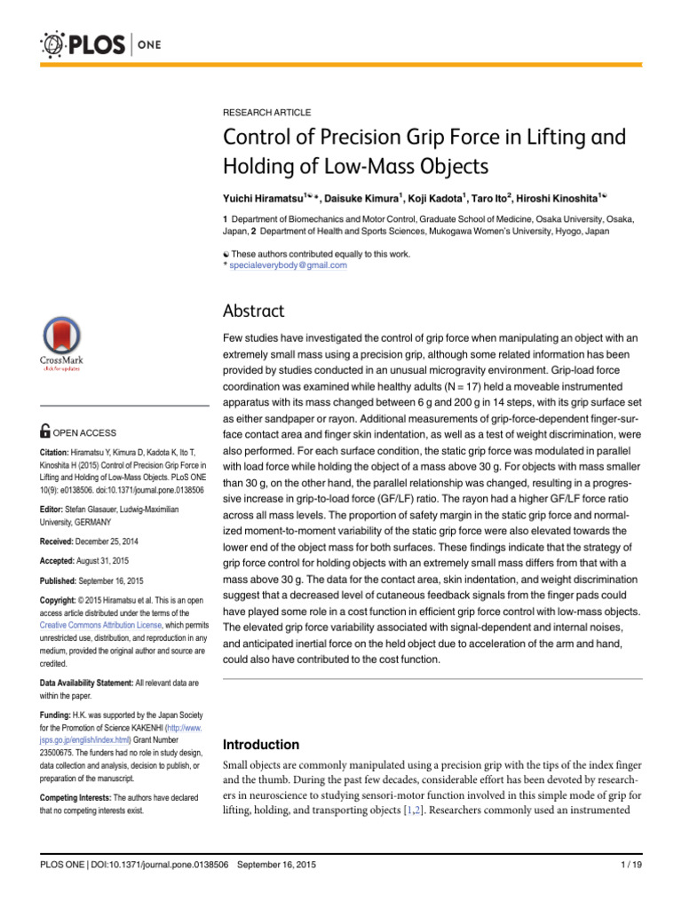Control of Precision Grip Force in Lifting | PDF | Force | Coefficient ...