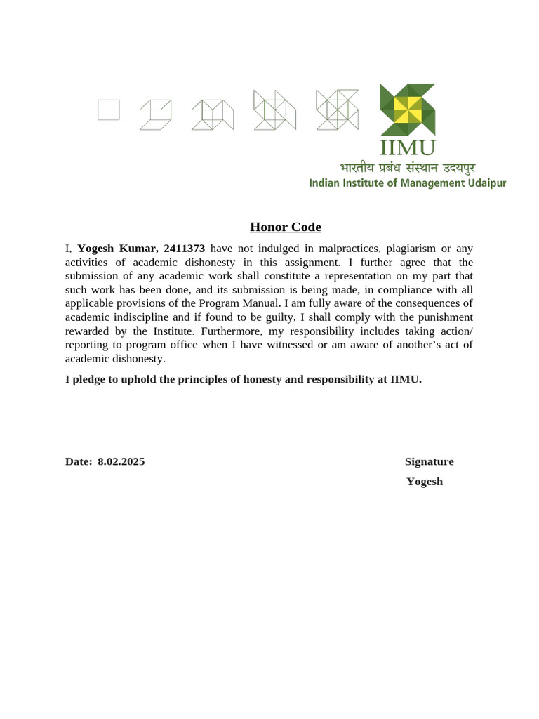 IIMU Honor Code Pledge by Yogesh Kumar | PDF