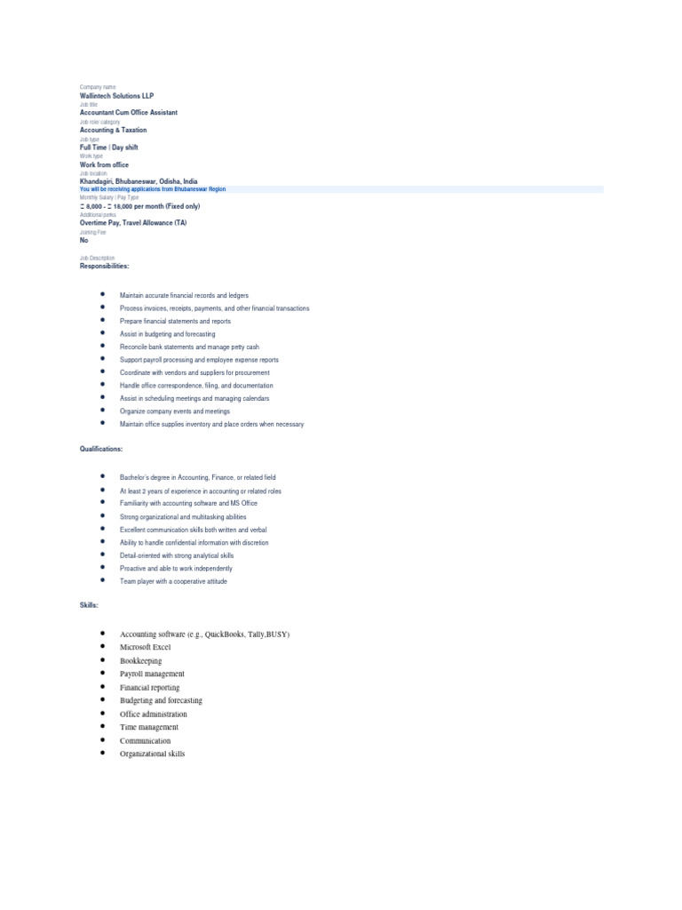 Accountant Cum Office Assistant | PDF