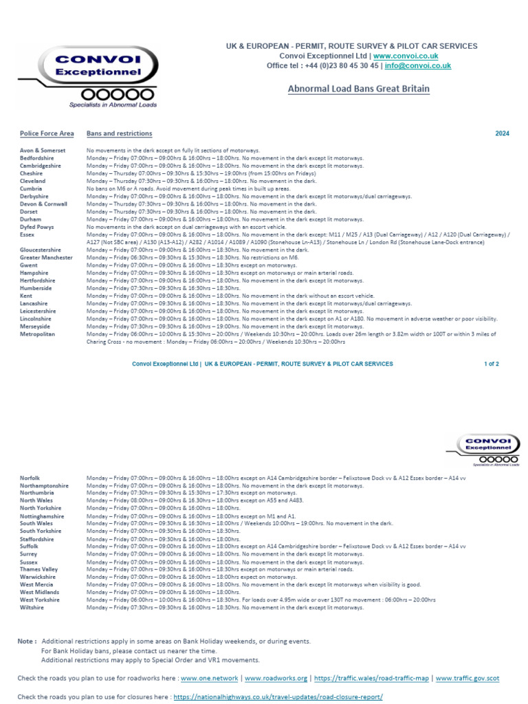 UK Abnormal Load Ban Times and Restrictions by Police Area | PDF ...