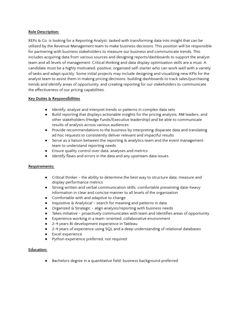 Reporting Analyst Job Description | PDF | Data | Data Management