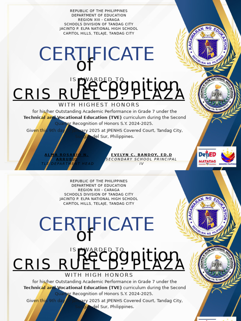Grade 7 Recognition Certificate Template | PDF