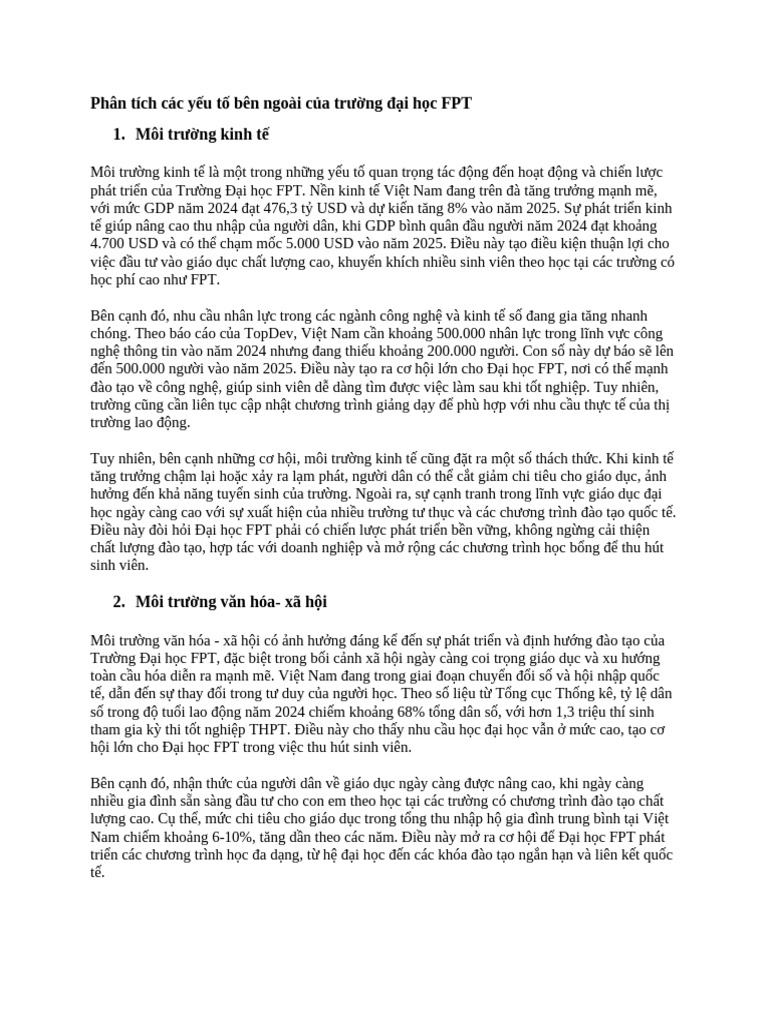 Phân Tích Các Yếu Tố Bên Ngoài Của Trường Đại Học FPT | PDF