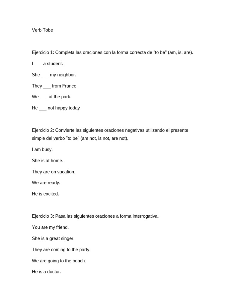 Verb Tobe, Taller 1 | PDF