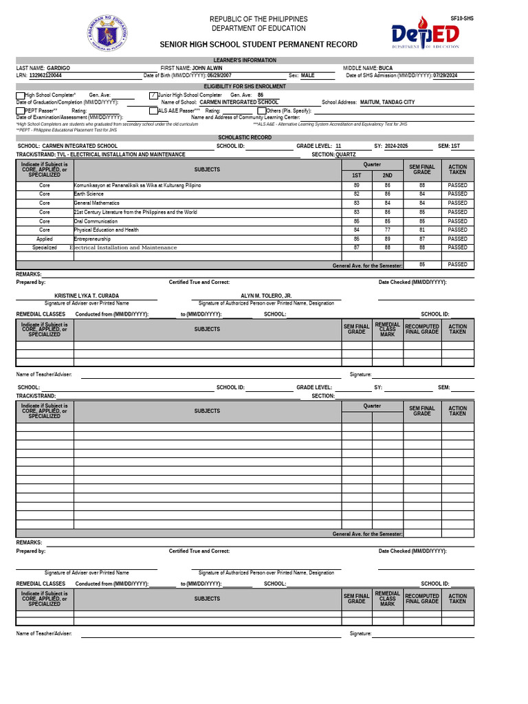 SF 10 SHS Senior High School Student Permanent Record | PDF | Middle ...