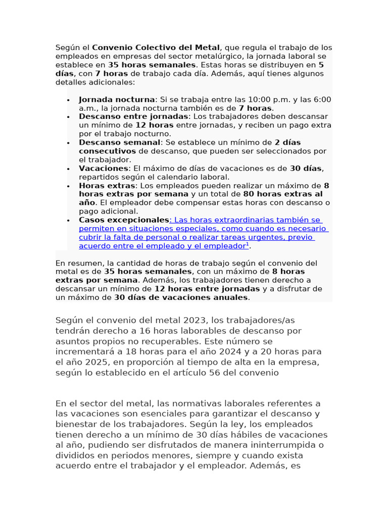 Conveni Metall | PDF | Tiempo de trabajo | Derecho laboral
