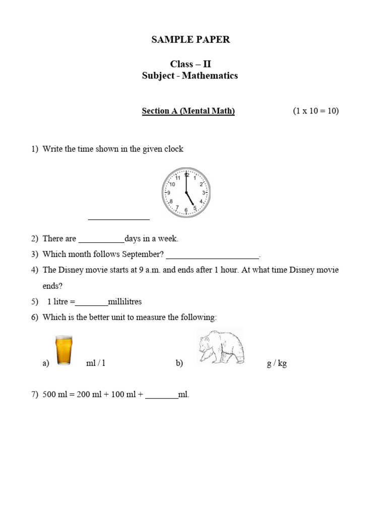 Class II Mathematics Sample Paper | PDF | Litre