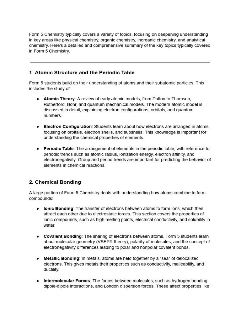 Key Topics in Form 5 Chemistry | PDF | Chemical Bond | Chemical Reactions