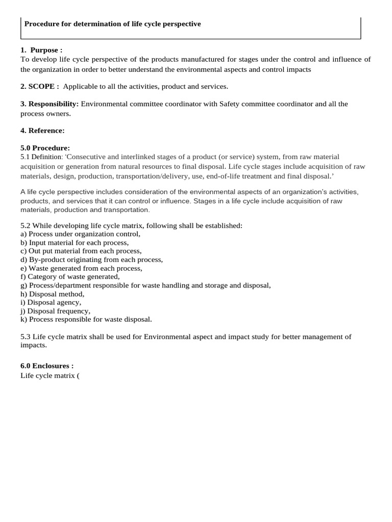 Life Cycle Perspective Procedure Guide | PDF