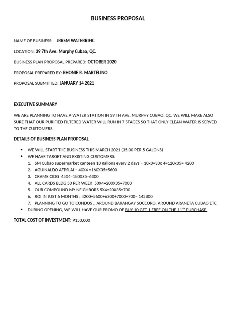 JRRSM Waterrific Business Proposal | PDF